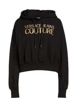 Versace Cotton Terry Hoodie With Metallic Logo - Black