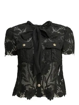 SELF-PORTRAIT Lace Bow Collar Blouse - Black