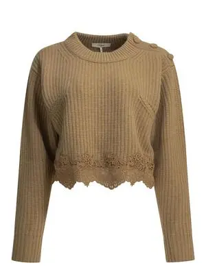Chloé Cropped Wool-cashmere Blend Sweater With Lace Trim - Brown
