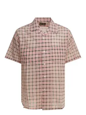 BEAMS Open Collar Airy Plaid Nylon Shirt - Pink