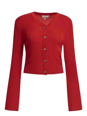 GANNI Merino Wool Cardigan With Butterfly Button Detail - Red