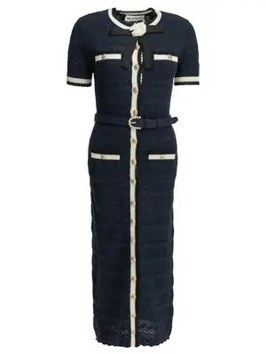 SELF-PORTRAIT Knit Midi Dress With Bow Detail - Blue