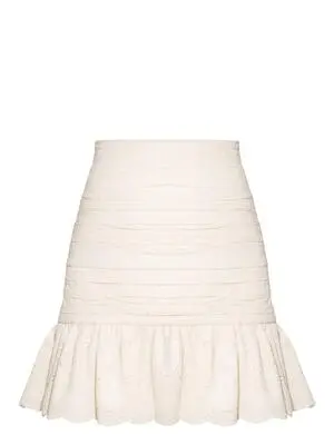TIA DORRAINE Ruched Cotton Mini Skirt With Ruffle Hem - Beige