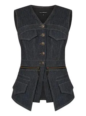 TIA DORRAINE Sleeveless Denim Top Vest With Pinstripe And Flared Hem - Blue