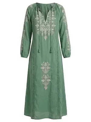 RAFFYA Aurelia Embroidered Kaftan Maxi Dress - Green