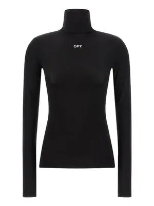 Off-White High Neck Long Sleeve Top With Logo Print - Black