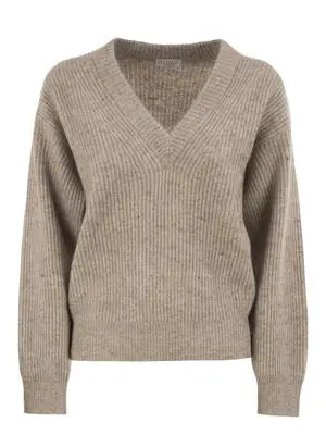 Brunello Cucinelli Ribbed Cashmere, Mohair, And Wool Jumper With Luminous Yarn - Cream