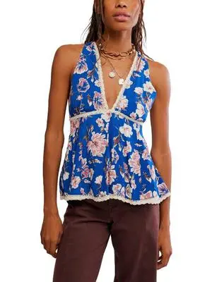 Free People Rome" Printed Lace Trim Tank - Navy Combo