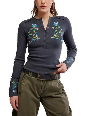 Free People Fleur Embroidered Henley Top - Graphite Combo