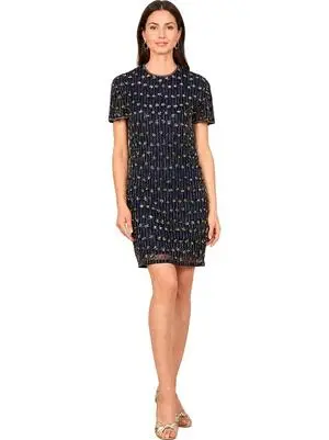 LARA NEW YORK Beaded V-neck Sheath Dress - Navy