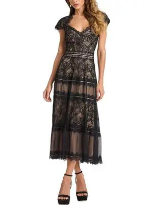 Tadashi Shoji Lace V-neck Midi Dress - Black/nude