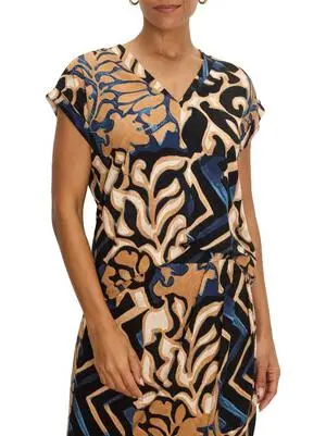 NIC+ZOE Deco Blooms V-neck Top With Cap Sleeves - Blue Multi