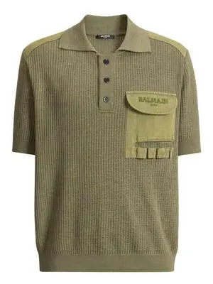 Balmain Vintage Utility Ribbed Knit Polo - Khaki