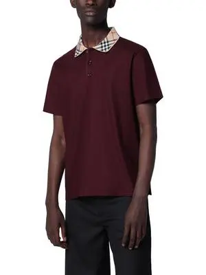 Burberry Cotton Polo Shirt With Check Collar In Vineyard - Red