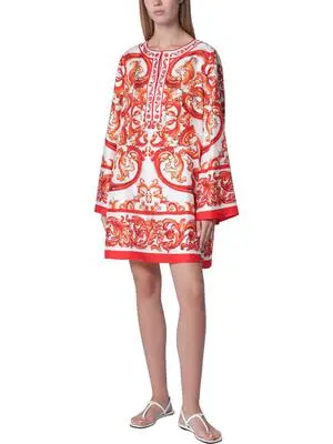 Dolce & Gabbana Maiolica Print Silk Twill Kaftan Dress - Orange