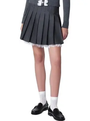 SELF-PORTRAIT Pleated Wool Mini Skirt With Lace Trim - Grey