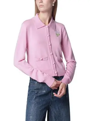 SELF-PORTRAIT Wool Knit Cardigan With Floral Embroidery - Pink