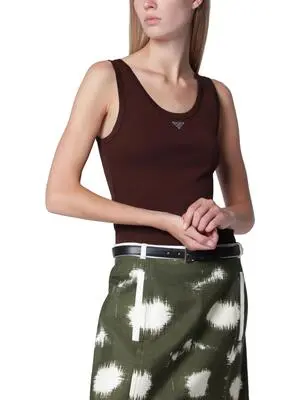 Prada Ribbed Cotton Tank Top With Triangle Logo - Brown