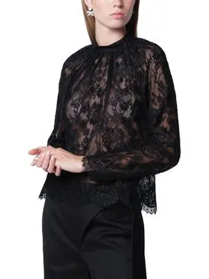 SELF-PORTRAIT High Neck Lace Blouse With Long Sleeves - Black