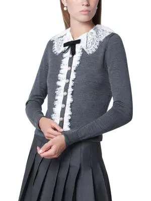 SELF-PORTRAIT Wool Knit Cardigan With Lace Collar And Bow Detail - Grey