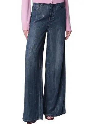 SELF-PORTRAIT Wide-leg Jeans With Rhinestone Stripes - Blue
