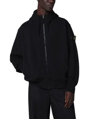 Stone Island Organic Cotton Zip-up Hooded Sweatshirt - Black