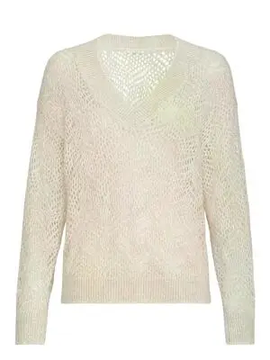 Brunello Cucinelli Mohair And Wool Abstract Leaf Knit V-neck Sweater - Neutrals