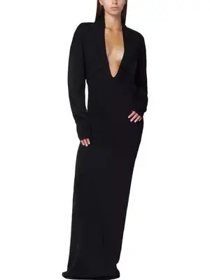 ENTIRE STUDIOS Plunging Neckline Long Sleeve Maxi Dress - Black