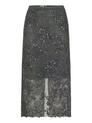 Brunello Cucinelli Lace-embroidered Mohair And Wool Pencil Skirt - Grey