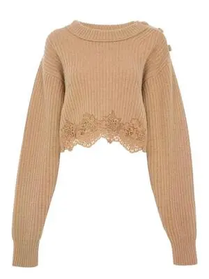 Chloé Chloé Lace-Trimmed Ribbed Knit Sweater Neutrals