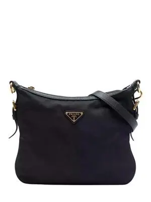 Prada Saffiano Trimmed Tessuto Zip Top Crossbody Bag - Black