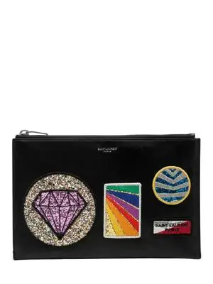 Saint Laurent Leather Multi Patch Zip Pouch Clutch - Black