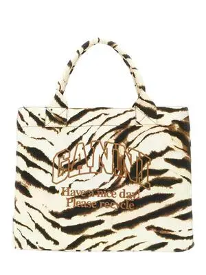 GANNI Tiger-print Logo-embroidered Tote Bag - Neutrals