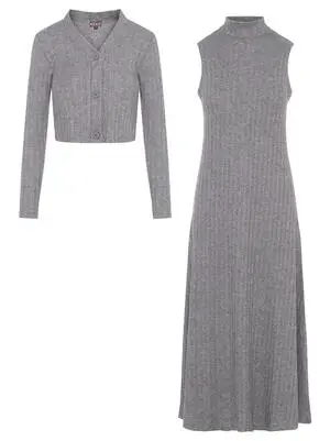 Coco Mock Neck Midi Dress And Button-front Cardigan Set - Grey