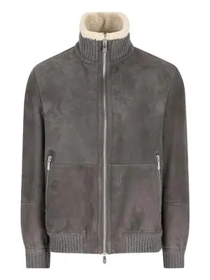 Brunello Cucinelli Leather Bomber Jacket With Sheepskin Lining - Grey