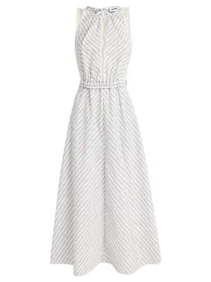 Sandro Cotton Midi Dress With Striped Motif And Embroidered Trims - Blue