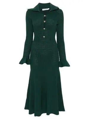 SELF-PORTRAIT Knit Midi Dress With Oversized Collar And Feathered Cuffs - Verde