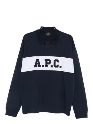 A.p.c. A. P.c. Long-Sleeve Cotton Polo Shirt With Front Logo And Ribbed Cuffs Blu