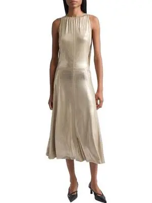 DIESEL® Sleeveless Metallic Jersey Midi Dress With Tie Neck Detail - Sandy/beige