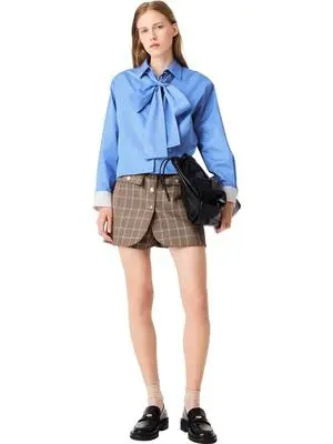 Maje Cropped Cotton Shirt With Removable Pussy-bow Tie - Blue
