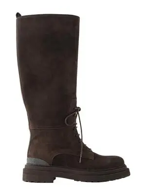Brunello Cucinelli Suede Lace-up Knee-high Boots With Monili Bead Embellishment - Brown
