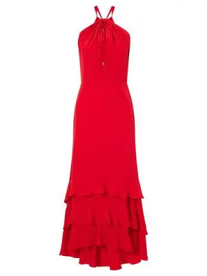 ANDRES OTALORA Halterneck Ruffled Silk Maxi Dress - Red