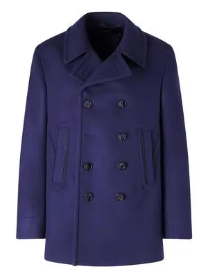 TOM FORD Double-breasted Wool Overcoat With Leather Trim - Blue