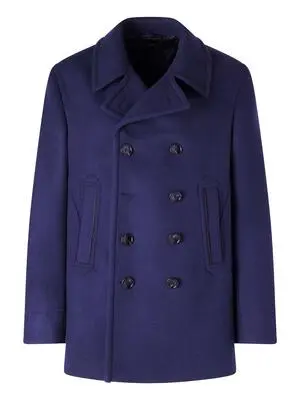 TOM FORD Double-breasted Wool Overcoat With Leather Trim - Navy