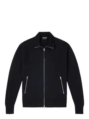 TOM FORD Leather-trimmed Merino Wool Cardigan - Black