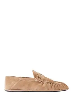 Saint Laurent Le Loafer Suede Penny Loafers With Gold Tone Logo - Neutrals