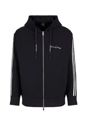 Armani Exchange Signature Full Zip Hooded Sweatshirt With Contrast Piping - Deep Navy