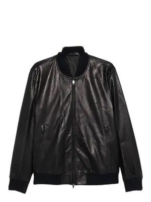 Brioni Leather Zip-up Jacket With Band Collar - Black