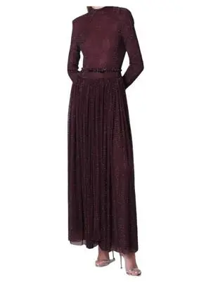 SELF-PORTRAIT Embellished High Neck Long Sleeve Maxi Dress With Detachable Belt - Black
