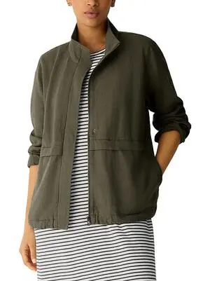 Eileen Fisher Mock Neck Zip-up Jacket In Cotton Linen Blend - Olive
